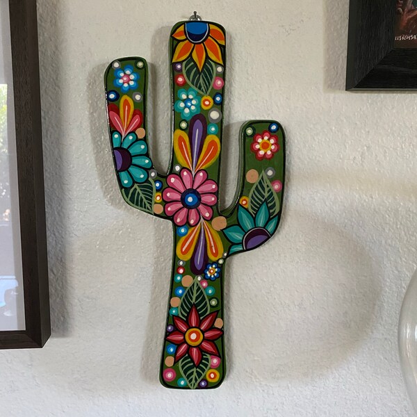 Mexican Wooden Cactus Wall Decor, Handpainted Nopal Art, Colorful Boho ...