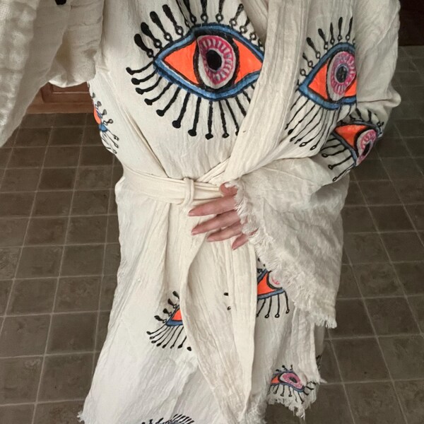Evil Eye Bath Robe, Boho Handmade Wood Block Printed Muslin Kimono, 100 ...