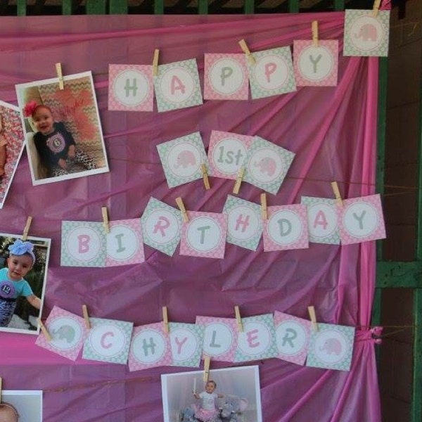 Elephant Theme Happy Birthday Party Banner | Pink & Grey | Personalized ...