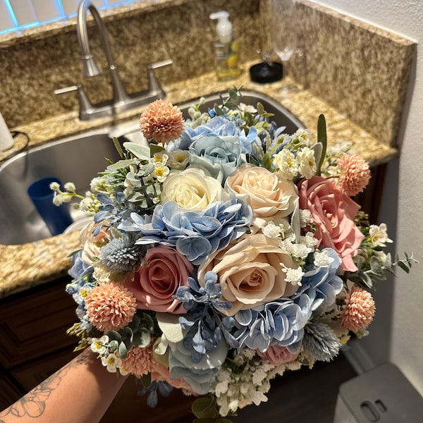 Fake Light Blue & Rose Pink Wildflower Bridal Bouquet/boutonniere ...