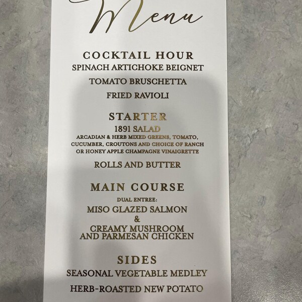 NEW! Printed Gold Foil Dinner Menu Cards, Printed Shiny Wedding Gold ...