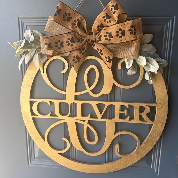 Last Name Door Sign Initial Wood Door Wreath Personalized Front Door ...