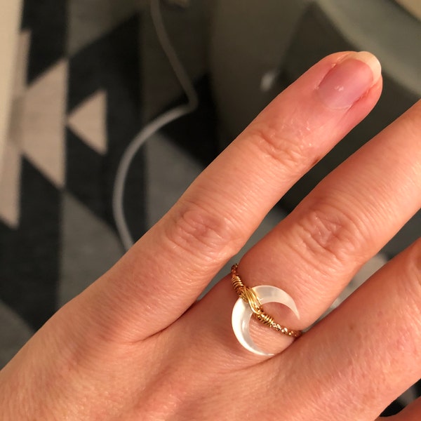 Moon Ring Gold, Mother of Pearl, Wire Wrapped Bohemian Celestial ...