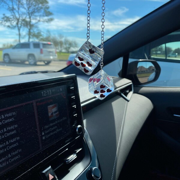 White Plush Fuzzy Dice With Red Sparkle Hearts and Chain or Cord / Car ...