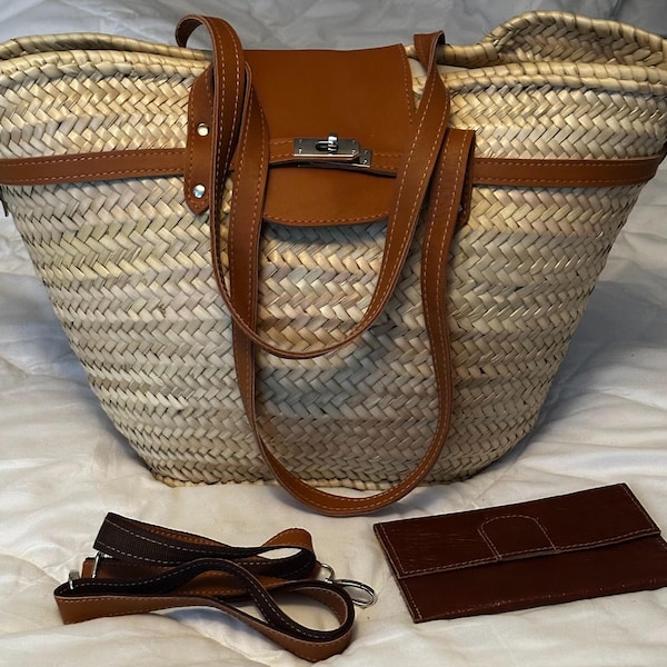 Handmade Large Straw French Baskets With Leather Straps, Straw Basket ...