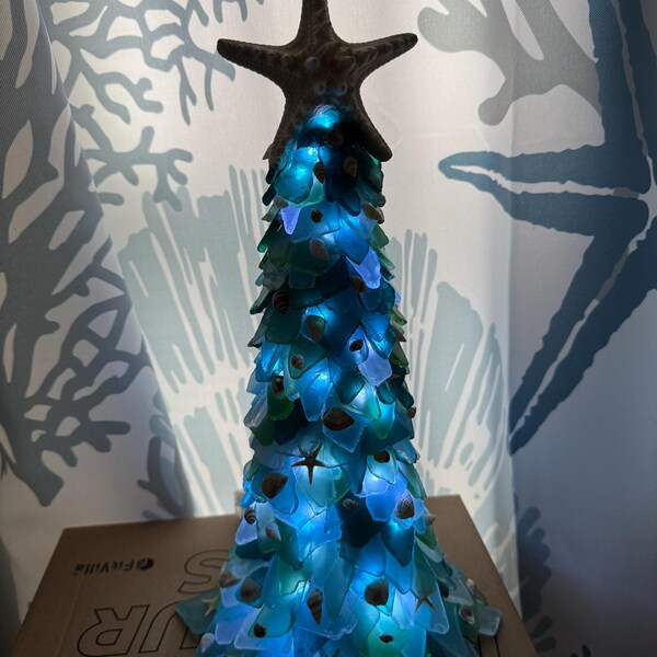 SEAGLASS TREE With Lights, Aqua and White Sea Glass Tree, Seashell ...