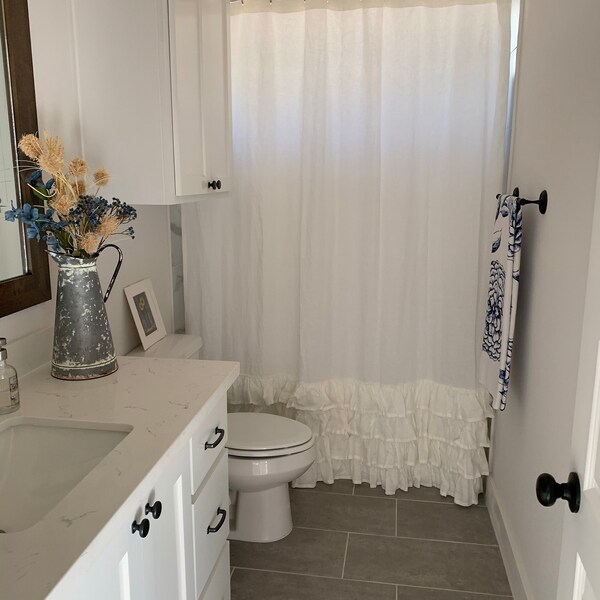 Ruffled Shower Natural Linen Panel - Shabby Chic Ruffled Bathroom Drape ...
