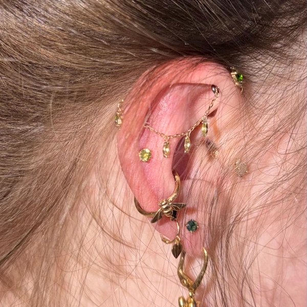 14K Solid Gold Dangle Moss Agate Piercing, Moss Agate Hidden Helix ...