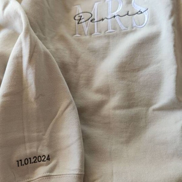 Custom Mrs. Embroidered Sweatshirt, Date on Sleeve, Hubby Wifey, Gift ...