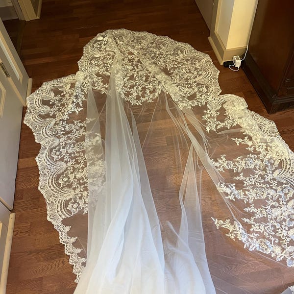 Red Cathedral Lace Veil One Layer Wedding Drape Veil Soft Tulle Veil ...