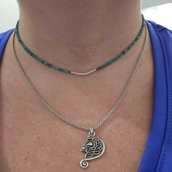 Hill Tribe Silver Turquoise Necklace, Beaded Turquoise Choker, Dainty ...
