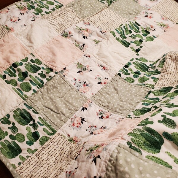 Cactus Quilt, Baby Quilt, Baby Blanket, Green and Pink, Boho Blanket ...