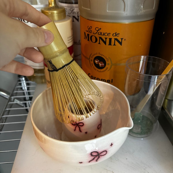 Handmade Ceramic Bows Matcha Set Chawan Pink Matcha Bowl With Bows Decor Matcha Lover Matcha Set ...