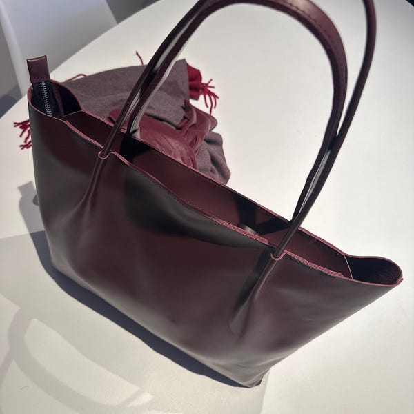 Burgundy Spacious Leather Handbag, Large Womens Shopping Bag, Shoulder ...