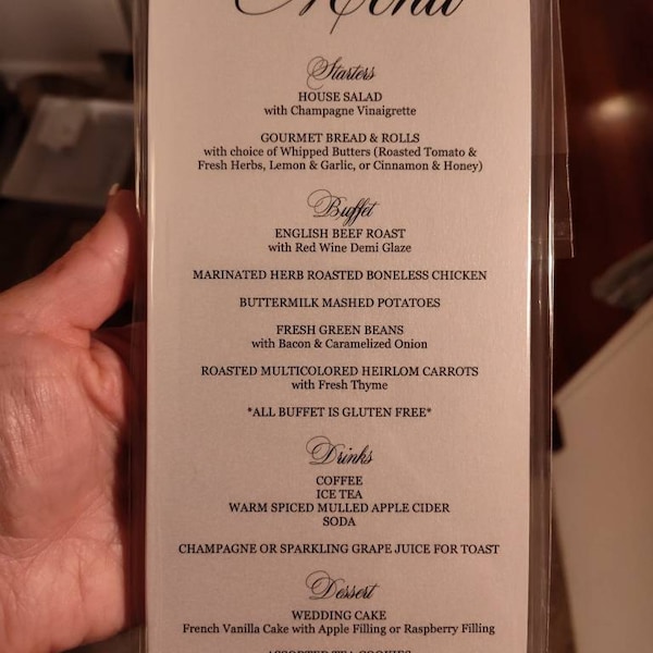 PRINTED Wedding Dinner Menu, 4x8" or 5x7" Card, Table Menu, Party ...