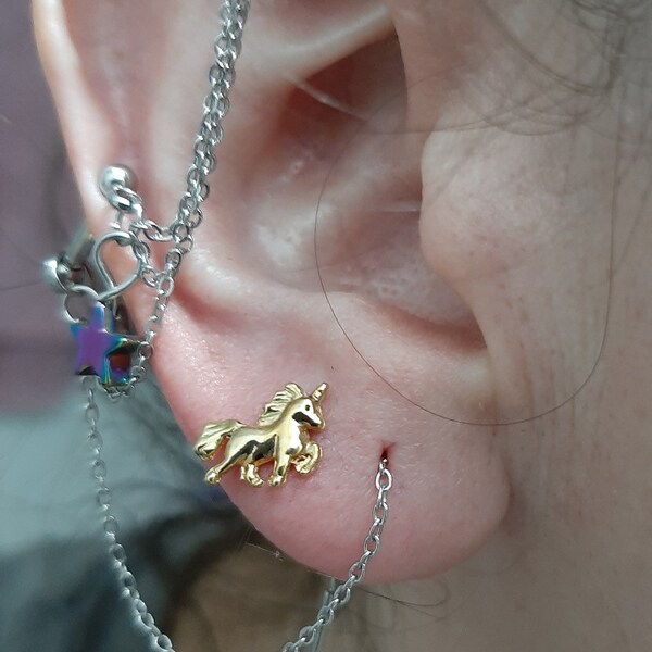Industrial Piercing Ear O Lobe Chain, Helix to Lobe Chain With Rainbow ...