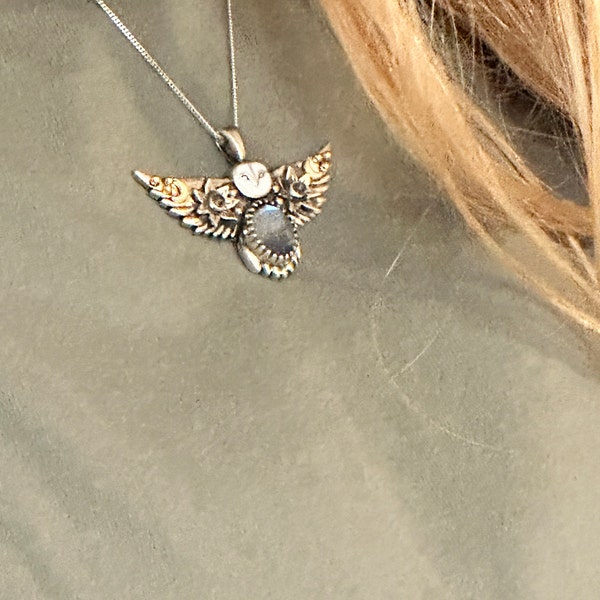 925 Sterling Silver and 18k Gold Owl Pendant - Natural Moonstone ...