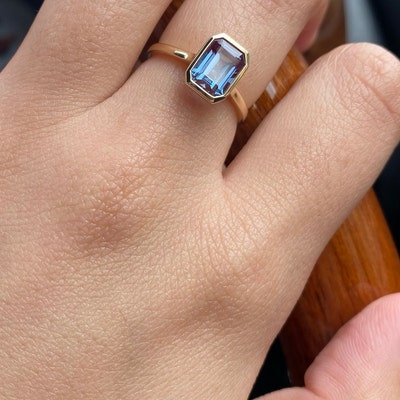 Color Changing Gemstone Ring, 6x8mm Emerald Cut Alexandrite Wedding ...