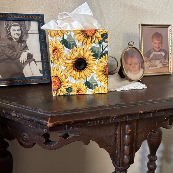 Daffodils and Bird Decoupaged Papers on Vintage White Painted Wood, Square Tissue Box Cover ...