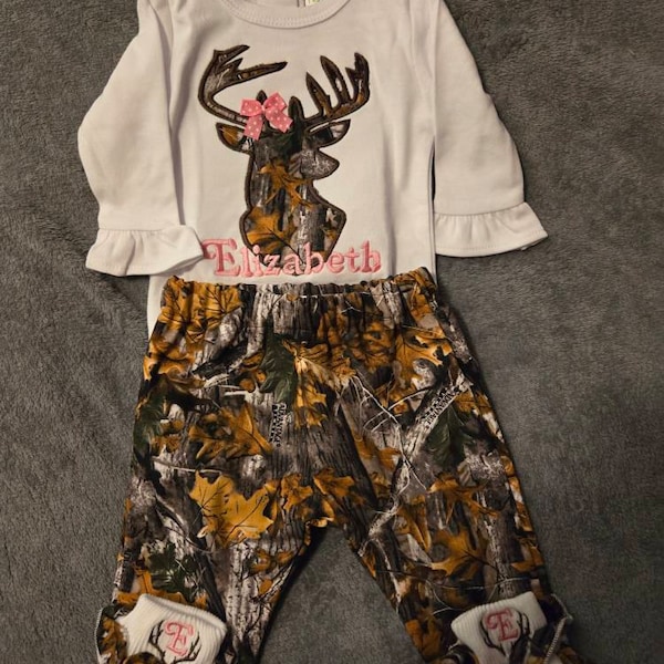 Baby Girl Monogrammed Antler Camo Deer Head Bodysuit Baby Girl ...