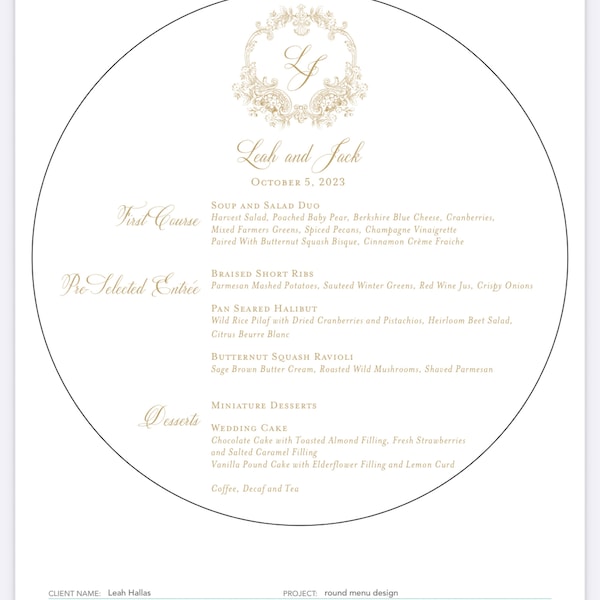 SAMPLE Round Menu - 8 Inch Round Wedding Menu - Etsy