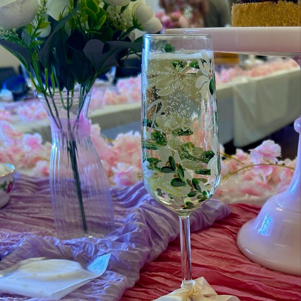 Hand Painted Champagne Flutes Glasses Modern Design White Flowers ...