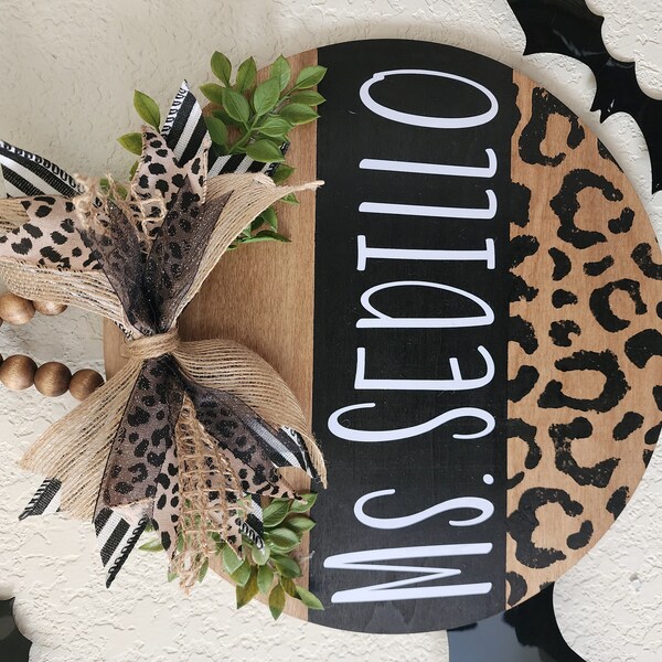 Leopard Print Teacher Door Sign With INTERCHANGEABLE BOW Teacher Door ...