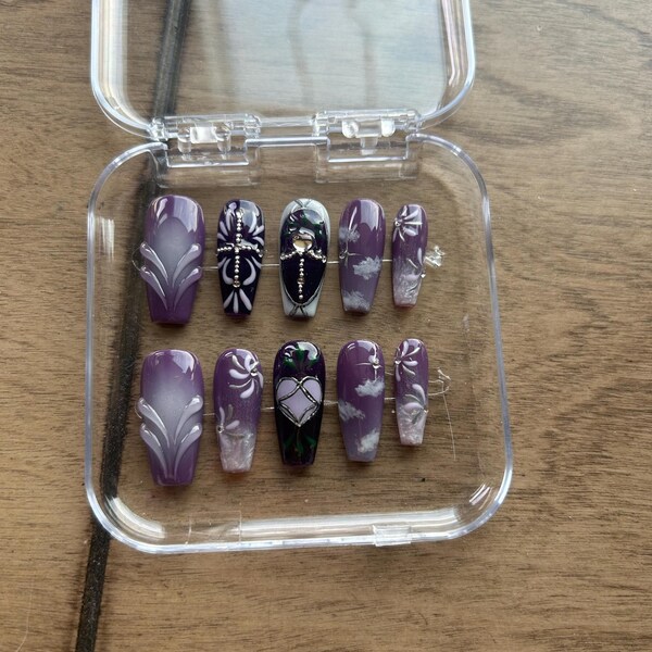 Flower Nails,custom Hand Painted Acrylic Nails, 3D Press on Nail ...