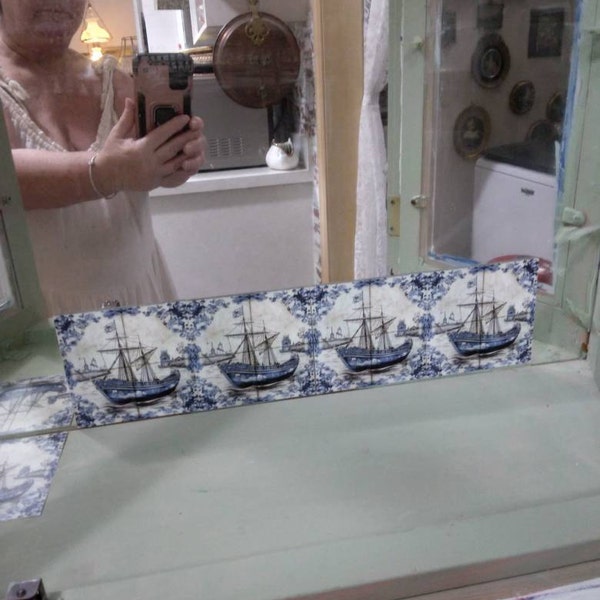 Set of 24 Stick on Tiles Backsplash, Boat Delft Tiles Peel and Stick ...