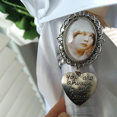 Personalised Photo Memory Brooch. Bouquet Charm. Button Hole. Grooms ...