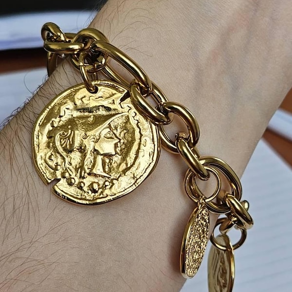 Chunky Gold Charm Bracelet With Big Round Coin, Oversized Bracelet ...