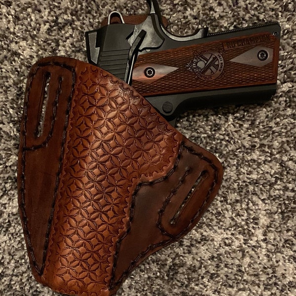 1911 Tooled Leather Holster, Brown Geometric Open Carry OWB Canted .45 ...