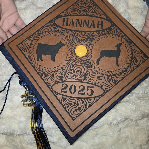 Custom Engraved Grad Cap Topper, Laser Cut Raw Vegan Leather ...