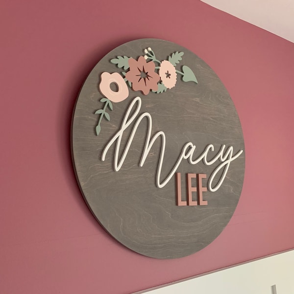 24" Floral Nursery Name Sign | Round Shiplap Name Board| Blush ...