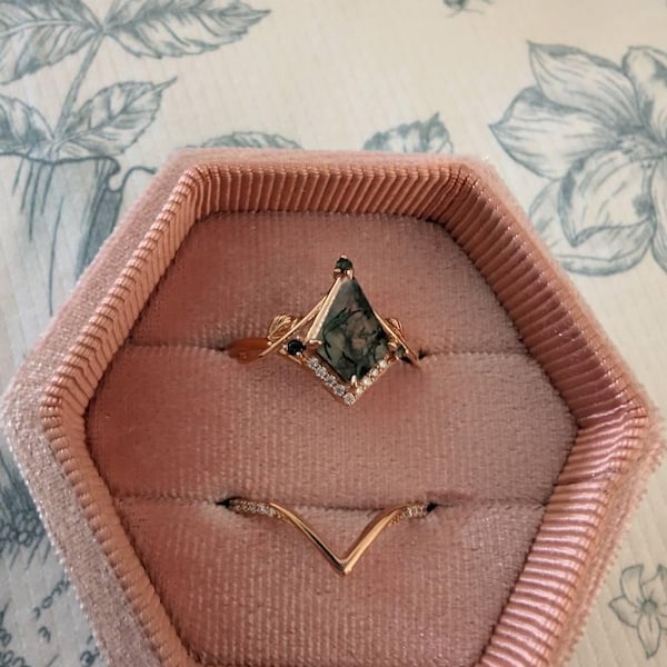 Kite Moss Agate Engagement Ring Set Vintage Nature Inspired Engagement Ring Unique Rose Gold ...
