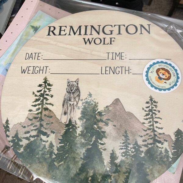 Wolf Birth Stat Sign, Round Wood Birth Stat Sign, Wilderness Nursery ...