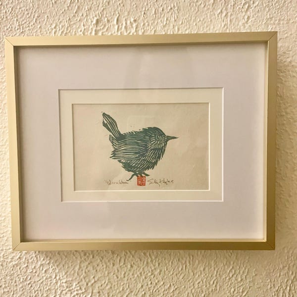 Blue Wren Wren, Original Linocut, Hand-pulled Print, Jenny Wren, Bird ...