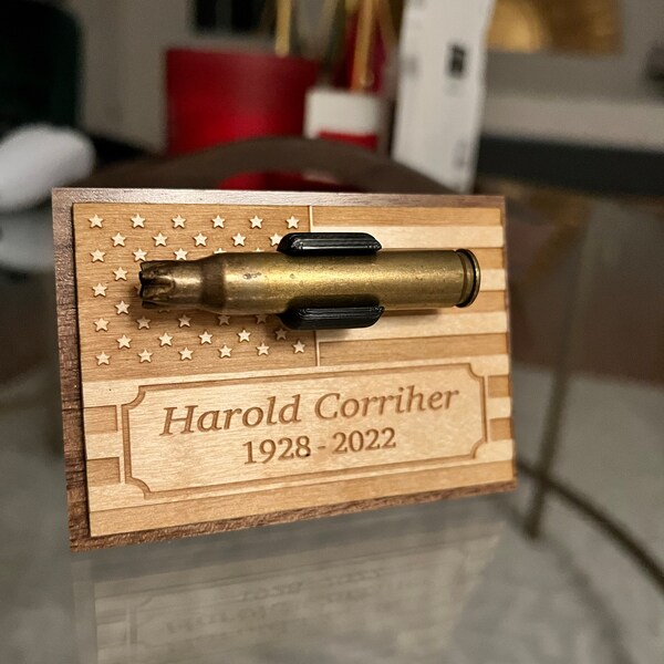 Military Funeral Memorial Wood Plaque With Stand - Holds Spent Casing ...