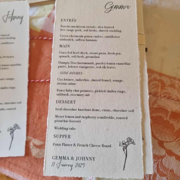 Wedding Menu With Hand Torn Edge | Personalised With Guest Names ...