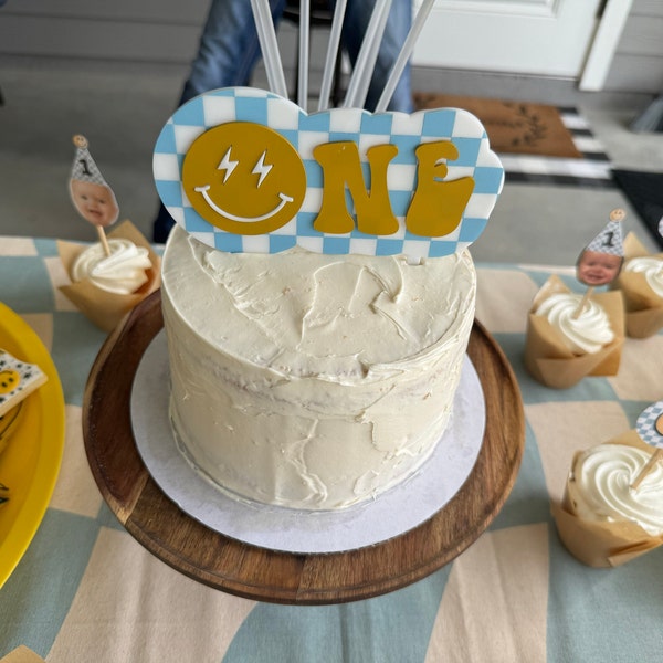 Blue and White Checker Cake Topper With Yellow Letters One Happy Dude ...