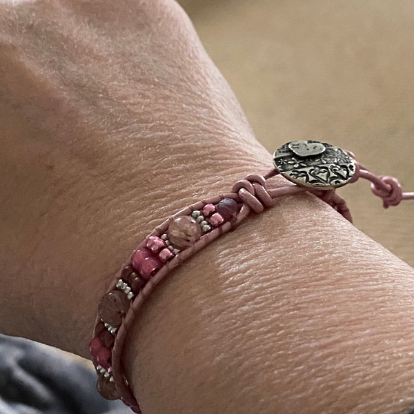 Leather Beaded Bracelet Rustic Bracelet Copper X Green Beading Brown Leather Bracelet Boho Style ...