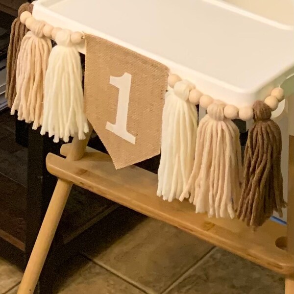 1st Birthday Brown Neutral High Chair Banner, Natural Tones Yarn Tassel ...