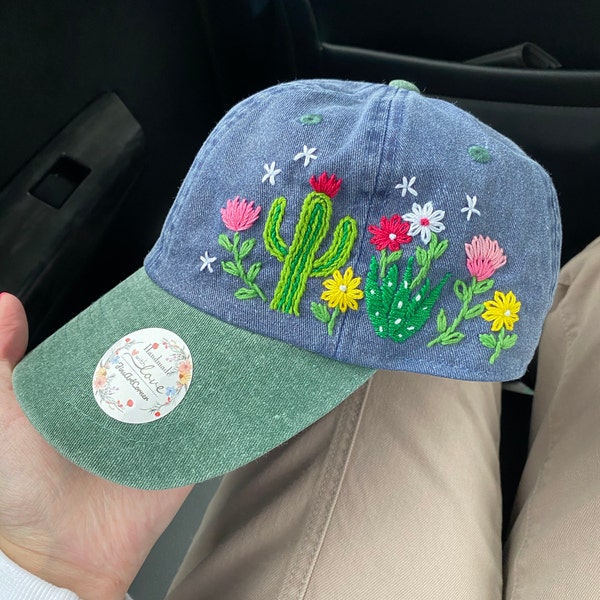 Hand Embroidered Cactus Cacti Hat Cap, Wash Cotton Baseball Cap, 2 Tone ...
