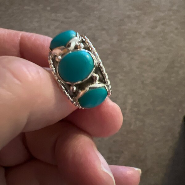 Three Stone Turquoise Ring, Sterling Silver Ring for Women, Thumb ...
