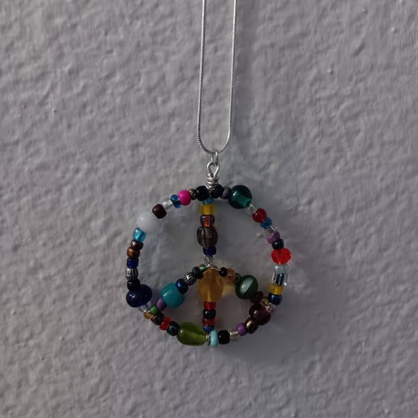 Beaded Peace Sign Pendant Necklace on 24" 925 Silver Snake Chain Peace ...