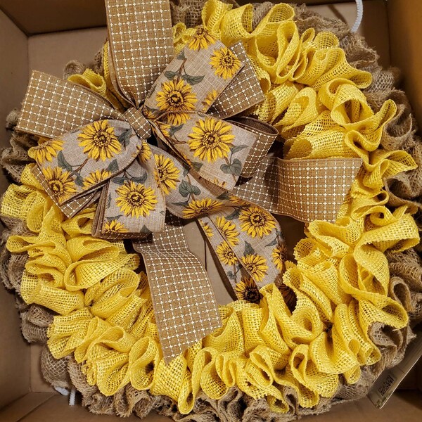 Yellow Sunflower Burlap Wreath for Front Door, Summer Burlap Wreath ...