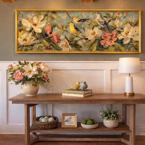 Vintage Birds and Flowers Wide Wall Art: Extra Large Panoramic ...