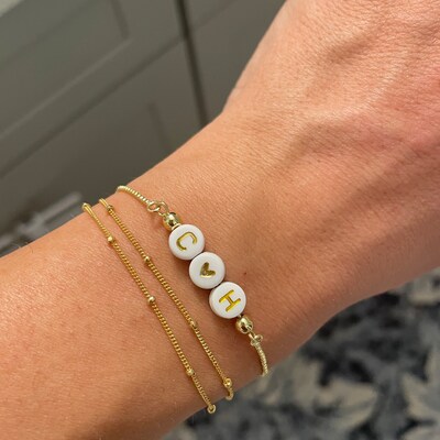 Brushed Gold Bar Bracelet Stackable Bracelet 6mm Heishi Beads Mothers Day Gift Neutral Bracelet ...