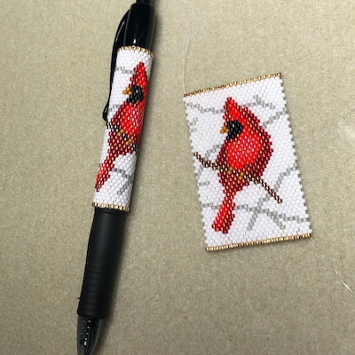 Beaded Red Cardinal Bird Even Count Peyote Pen Wrap for Pilot G2 Miyuki ...
