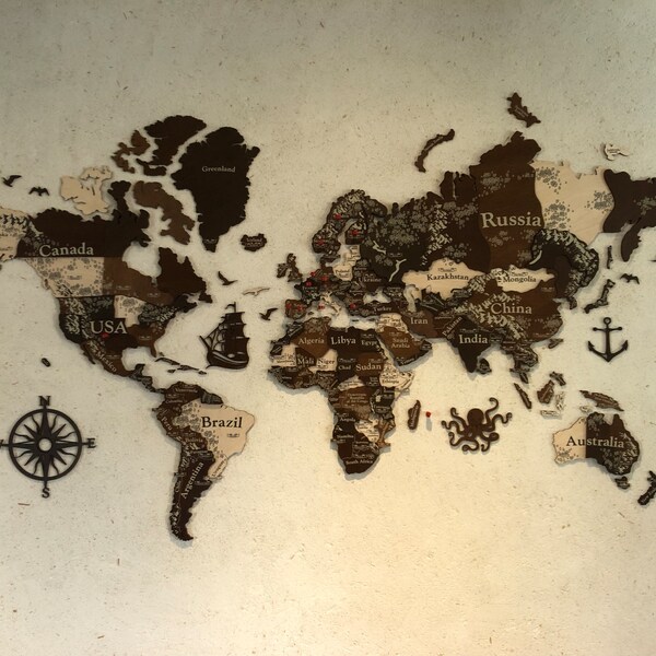 Extra Large Wooden Push Pin Map in Walnut and Wenge, Rustic Farmhouse ...